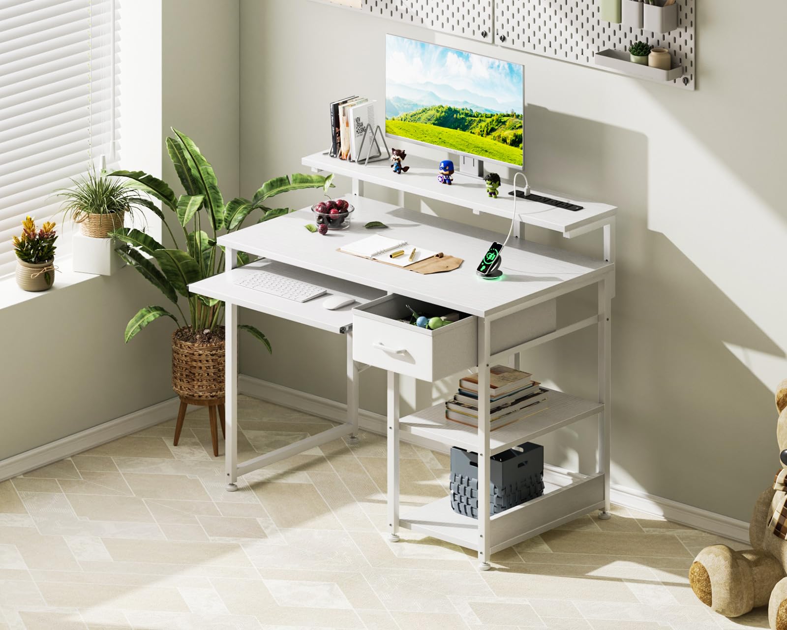 AODK Small Computer Desk with Keyboard Tray, 40 Inch Office Desk with Power Outlet, Work Desk with Drawer, Reversible Desk with Adjustable Monitor Shelf and Storage Shelf for Home, Rustic Brown