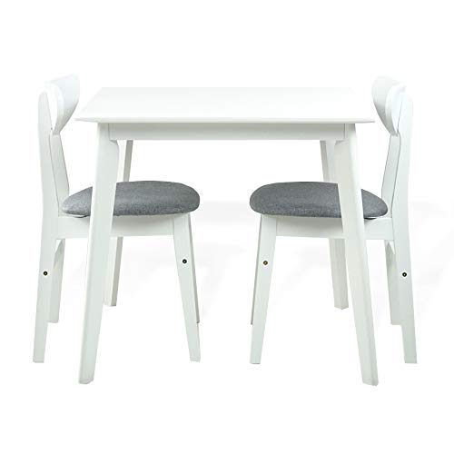 Wickerix Dining Room Set of 2 Yumiko Chairs and Square Dining Table Kitchen Modern Solid Wood w/Padded Seat, White Color with Light Gray Cushion
