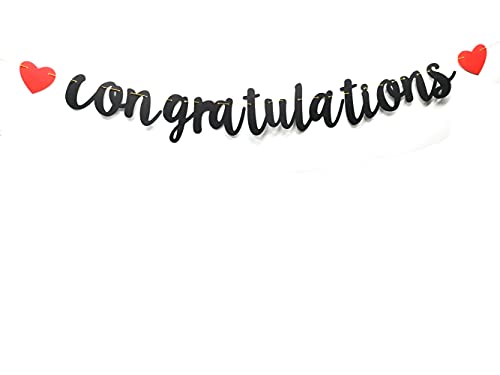 Congratulations Banner Black Letters & Red Symbol Hanging Paper Sign Decorations for Graduation, Achievement Party Celebrations, Wedding, Retirement, Bridal Shower, Shower Pre-Strung
