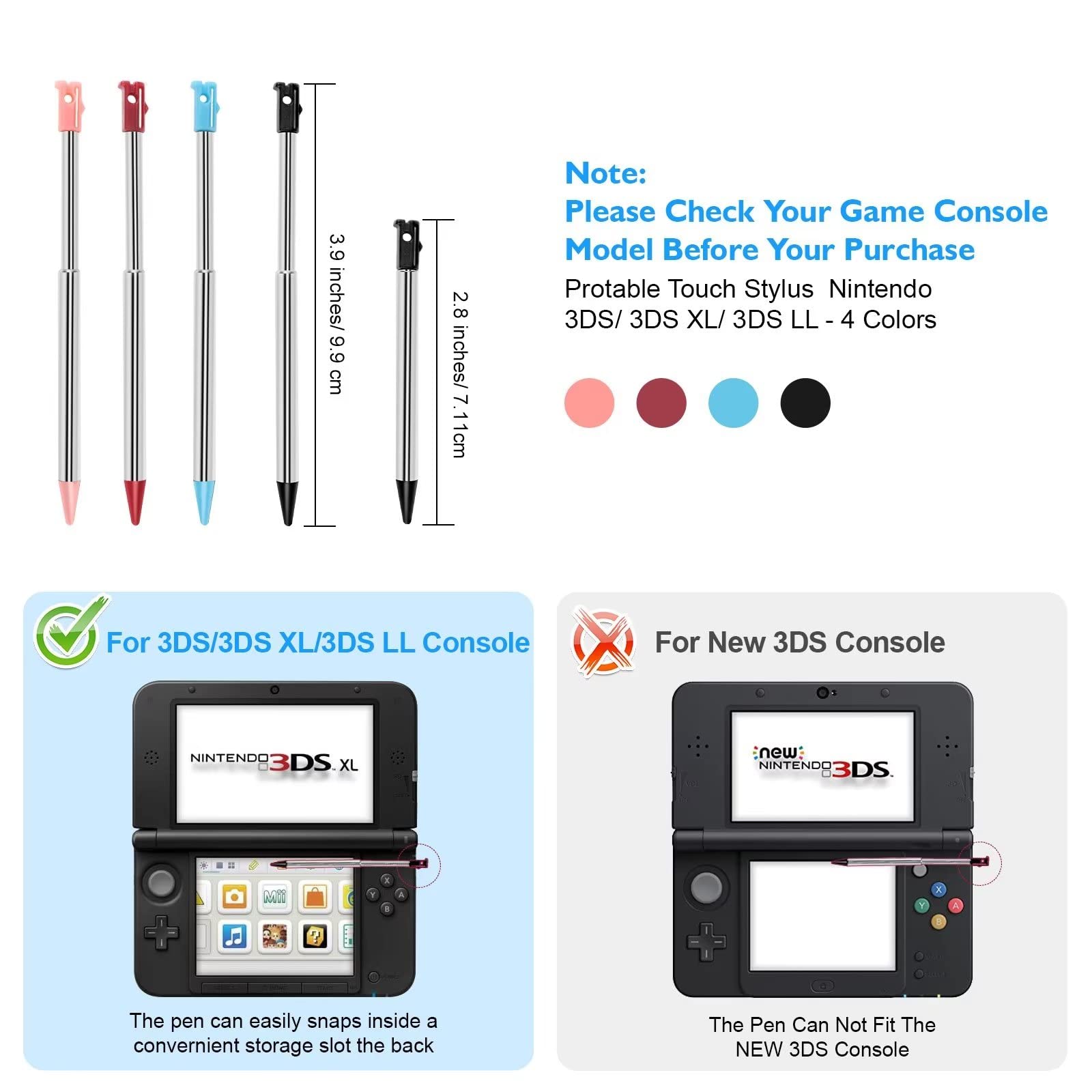 3DS Charger Kit, 3DS Metal Retractable Stylus Pen for Nintendo 3DS/3DS XL/3DS LL, 3DS Charger Compatible with Nintendo 3DS/ New 3DS XL/DSi/DSi XL/2DS/ 2DS XL Wall Plug Adapter (100-240v)