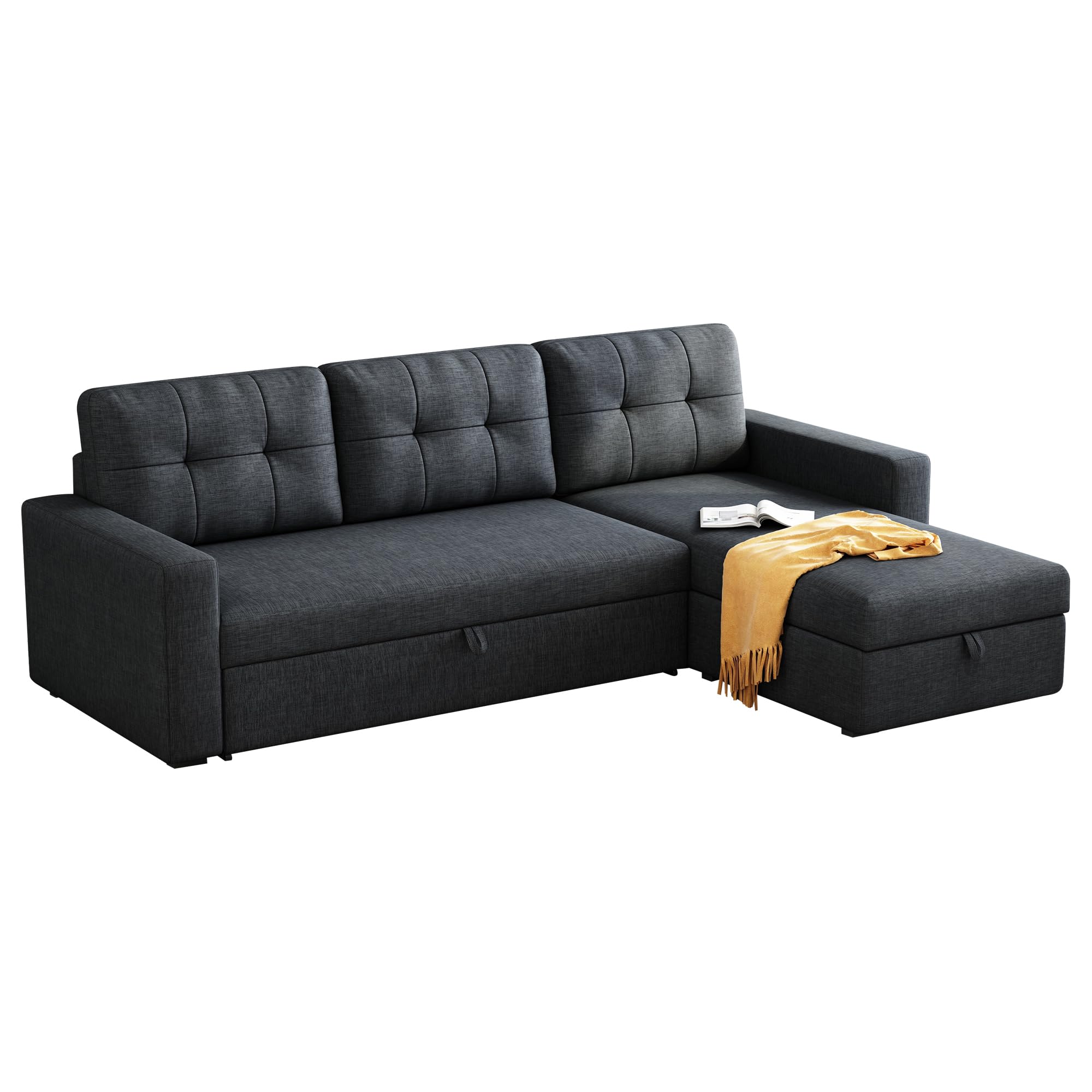 Acosure 82'' L-Shape Convertible Sleeper Sectional Sofa with Storage Chaise and Pull-Out Bed, Linen Upholstered Reversible Corner 3 Person Couch, for Living Room, Apartment