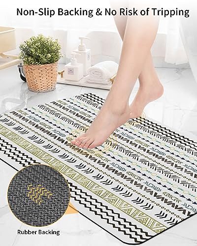 Boho Bath Mat for Tub,Non Slip Bathroom Floor Runner Rug Quick Dry & Absorbent Diatomaceous Earth Kitchen Room Shower Sink Washable Doormat,Black Bohemia Modern Abstract Geometric Stripes 16"x24"