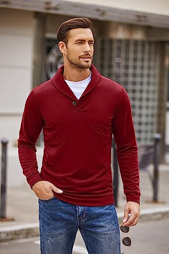 COOFANDY Men's Casual Shawl Collar Sweater Long Sleeve Pullover Wine Red L Wine Red Large