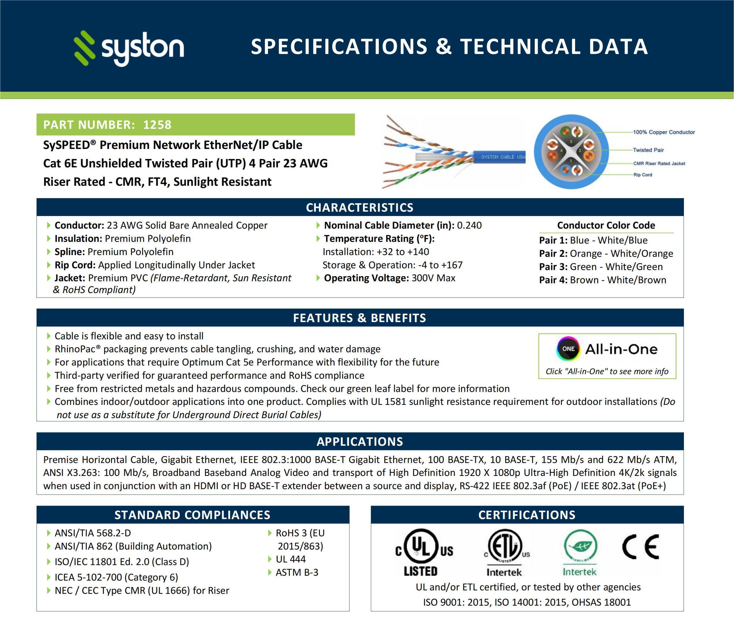 Syston Cable Technology Cat 6E Ethernet Network Cable - 100 FT，600MHz 23AWG Solid Bare Copper Wire Outdoor/Indoor, Bulk No Ends 10 Ft to 1000 Ft Available, Heat Resistant Riser Rated - CMR