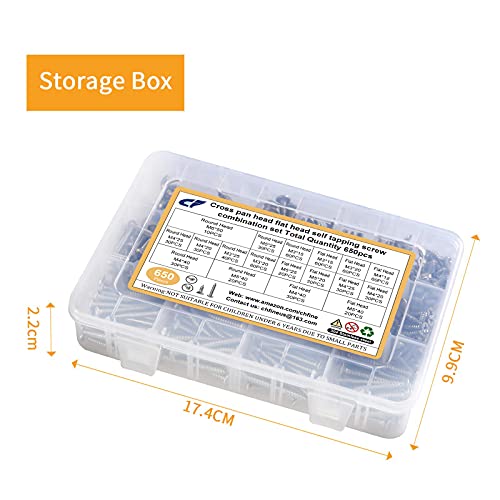 Self Tapping Screws Assortment Fasteners Set, 650pcs 304 Stainless Steel M3/M4/M5/M6 Sheet Metal Screws Kit with Storage Box,Phillips Drive Wood Screw Assortment