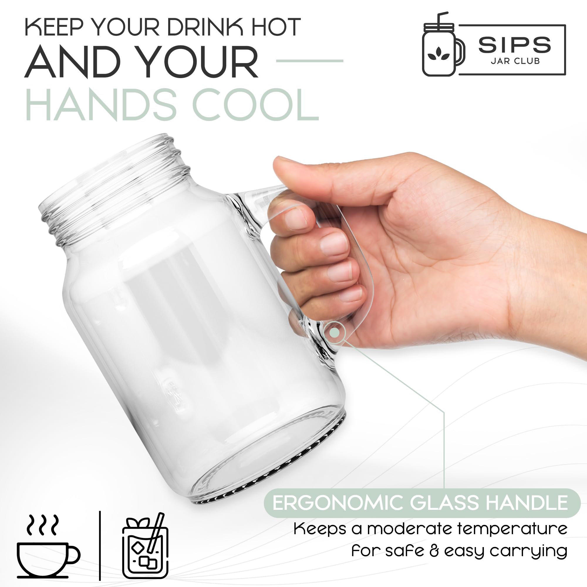 Sips Jar Club 20oz Mason Jar Mug Set of 4 with Handles, Lids, Straws & Cleaning Brush - Overnight Oats & Iced Coffee Cups