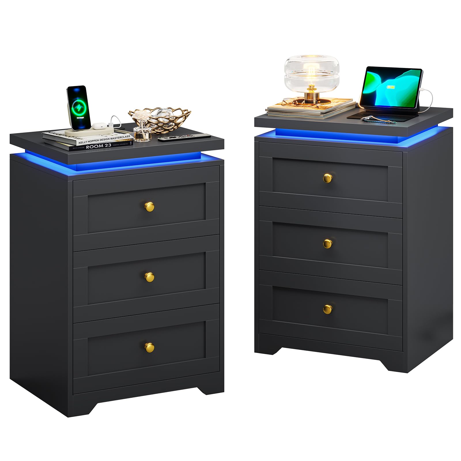 AOGLLATI Black Night Stand Set of 2, Nightstand Set 2 with Charging Station & 3 Drawers, Modern Bedside Table with LED Lights, Wooden LED End Side Tables for Bedroom, Unique Top Design