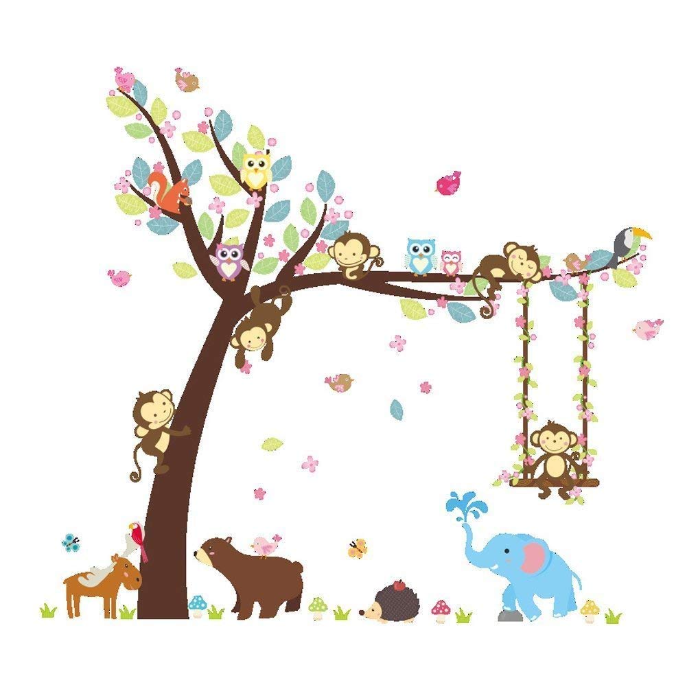 ElecMotive Cartoon Forest Animal Monkey Owls Hedgehog Tree Swing Nursery Stickers Murals DIY Posters Vinyl Removable Art Wall Decals for Kids Girls Room Decoration (Bear Elephant)