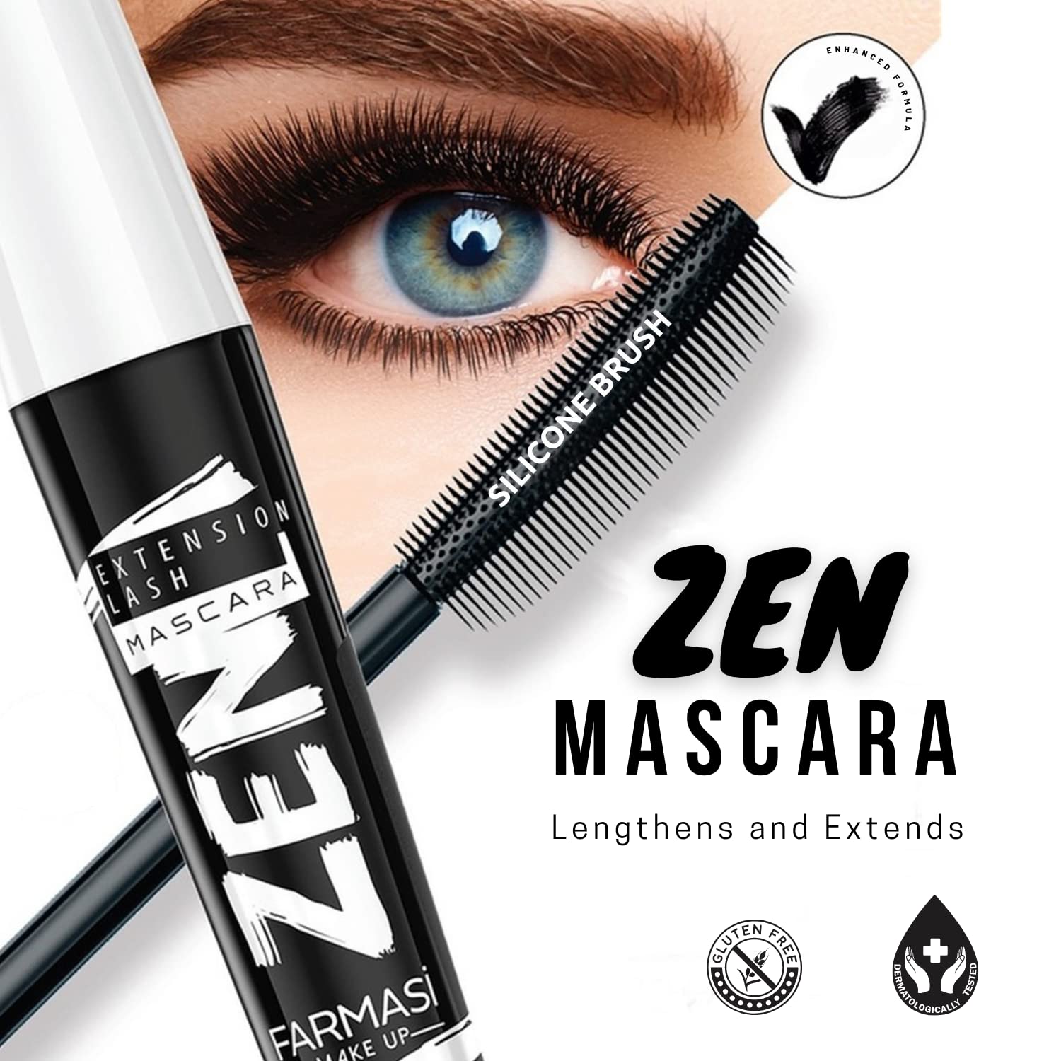 FARMASi Zen Extension Lash Mascara, Intense Length, No Flaking, No Smudging, No Clumping, Volumizes & Separates Lashes, Fuller Longer and Thicker Lashes, Blackest Black, 0.27 fl. Oz / 8 ml