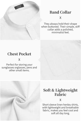 COOFANDY Mens Cotton Linen Henley Hippie Casual Beach T Shirt with Pocket, 01-White, X-Large, Short Sleeve