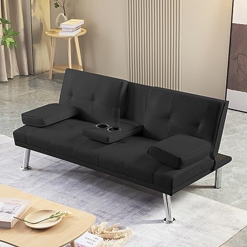 Anwick Modern Leather Futon Sofa Bed,Convertible Folding Couch Recliner Sleeper Loveseat for Small Space,Apartment,Office,Dorm,with Cup Holders and Removable Armrest (Black-New)