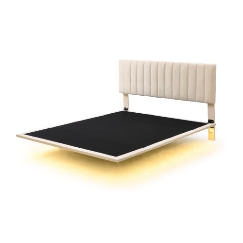 AnwickNomo Floating Velvet Bed Frame Queen with Sensor Light and Headboard, Upholstered Led Queen Platform Bed Frame for Boys Girls Kids, Light Up Bed Frame, Bedroom Sets, Noise-Free (Beige)