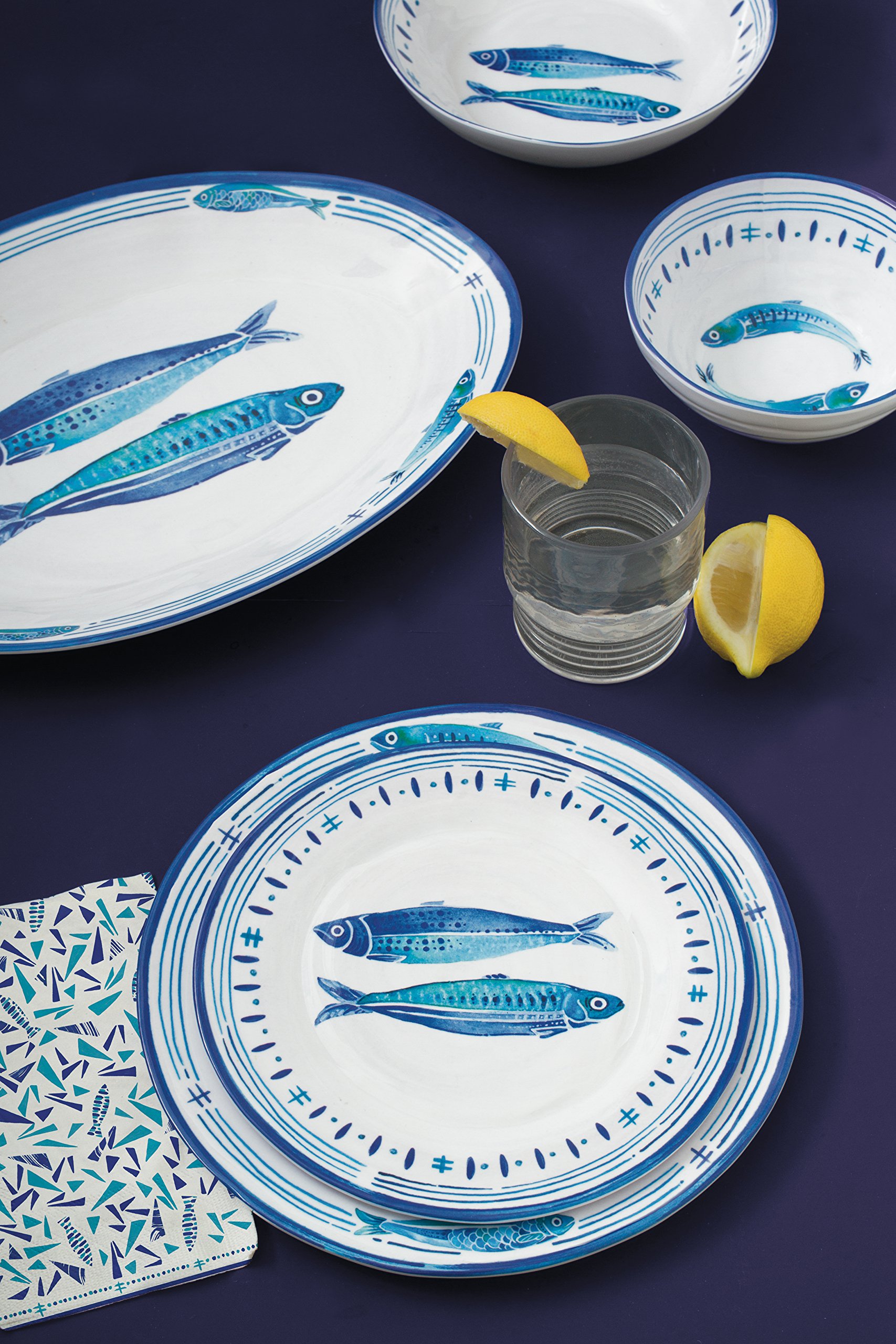 Le Cadeaux Santorini Melamine Oval Platter, 16 Inch, White and Blue