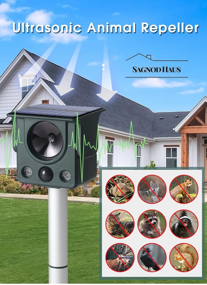 Animal Repellent Outdoor,Ultrasonic Pest Repeller with Motion, Light Sensor and Sound for Cat/Birds/Deer/Skunk/Rat/Squirrel. Deterrent Devices for Yard, Garden, Farm or Patio
