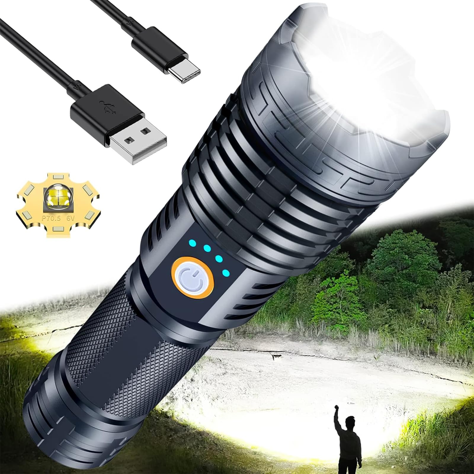 Alifa LED Flashlight Rechargeable High Lumens, 120000 Lumens Super Bright Tactical Flashlights, Xhp70.2 Zoomable Waterproof Flash Light 5 Modes for Camping, Home, Outdoor, Emergencies