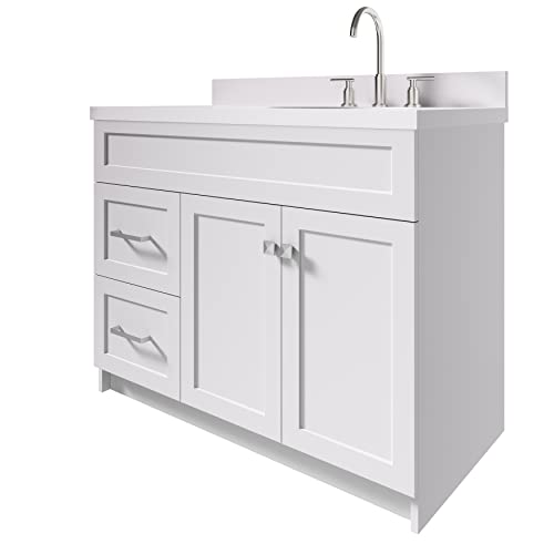 ARIEL Hamlet 43 Inch White Bathroom Vanity with Sink, 1.5" Edge Quartz Countertop, Solid Wood, Right Oval Sink, 2 Soft-Closing Doors & 2 Full Extension Drawers, Toe Kick