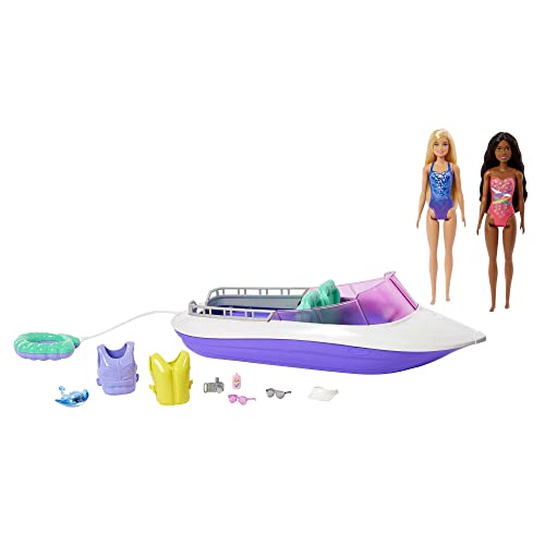 Barbie Mermaid Power Dolls & Toy Boat Playset, "Malibu" & "Brooklyn" in 18-in Floating Boat with See-Through Bottom & Accessories