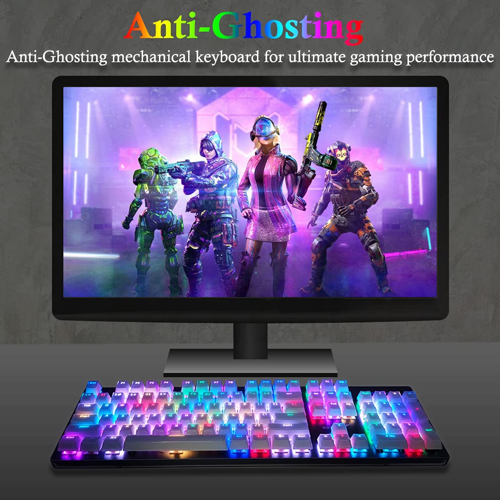 Rottay Rainbow Backlit Mechanical Keyboard, White Gaming Keyboard, Wired Computer Keyboard with Brown Switch and Aluminum Panel