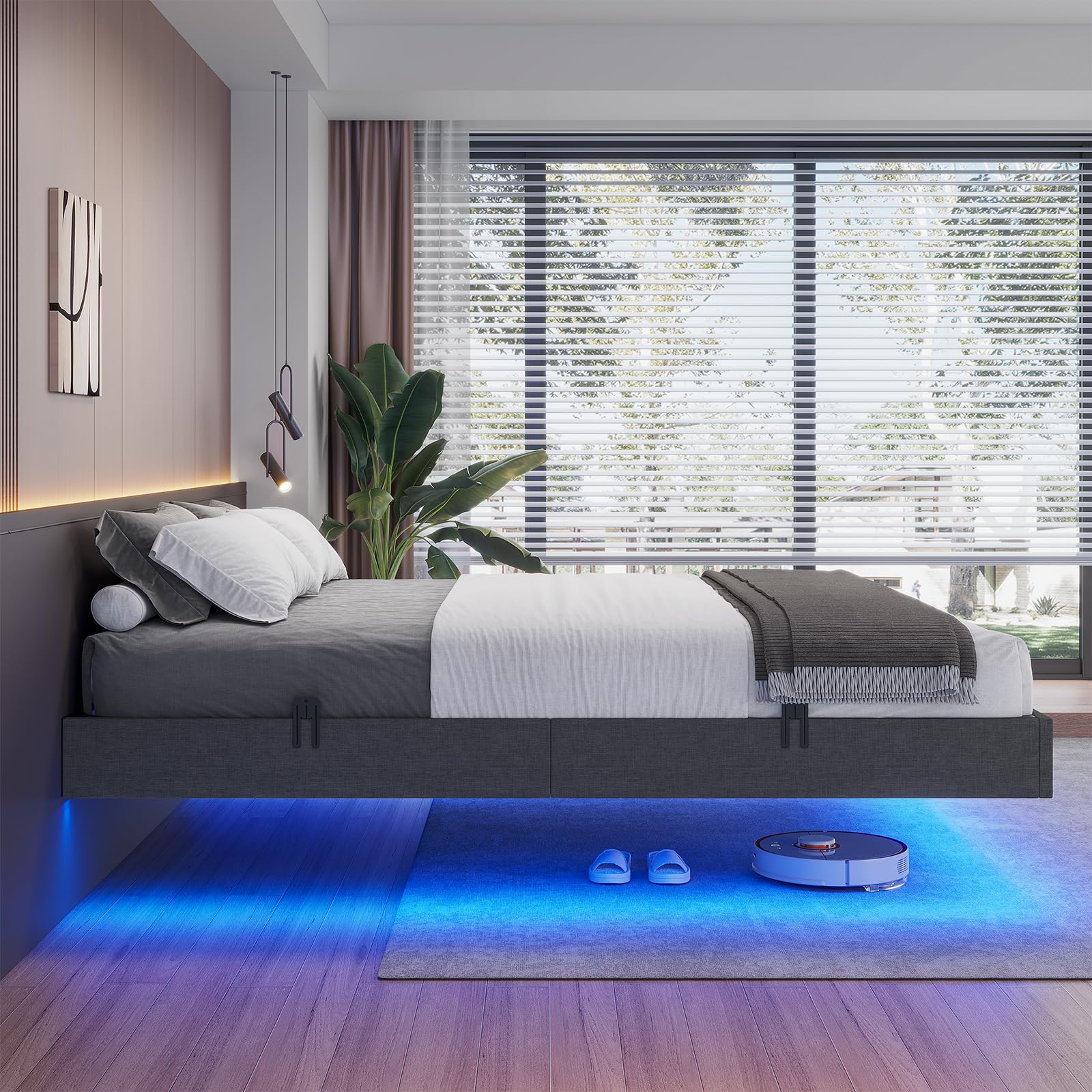 ADORNEVE Floating Bed Frame Full Size, LED Bed Frame Linen Upholstered Platform Bed with Underbed Storage Space, Heavy Steel Slats Support, No Box Spring Needed, Noise Free,Dark Grey
