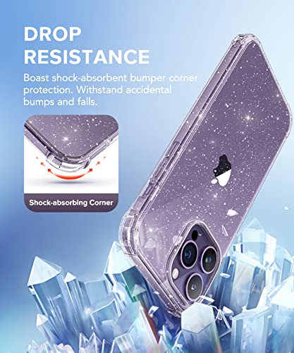 BERFY for iPhone 14 Pro Case Glitter Clear, with 2X Screen Protector + 2X Camera Lens Protector, [Non-Yellowing] [Military Grade Protection] Cute Bling Shockproof Phone Case 6.1 Inch, Shiny Clear
