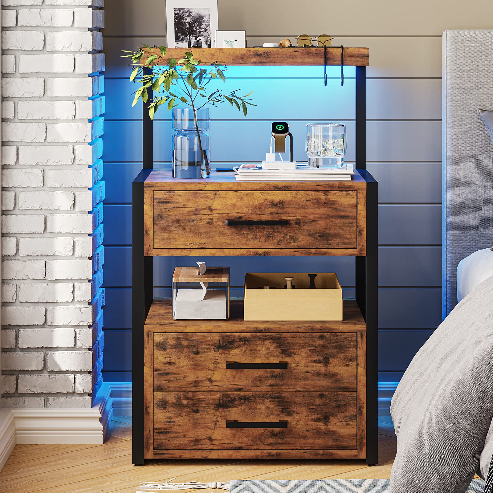 AOGLLATI Nightstand Set of 2 with Charging Station and LED Lights, Bedside Table with 3 Drawers and Open Storage Shelves, 2 USB Ports and 2 AC Outlets, LED Night Stand for Bedroom, Rustic Brown