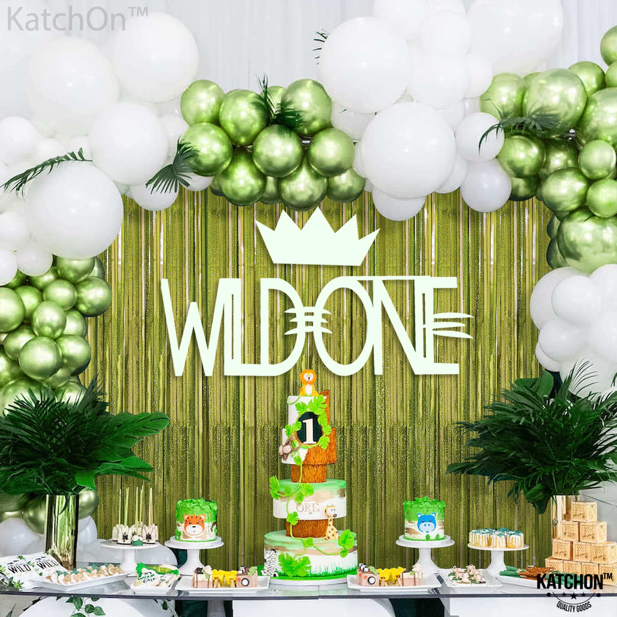KatchOn, Sage Green Foil Fringe Curtain - 3.2x8 Feet, 2 Pcs | Sage Green Backdrop for Jungle Party Decorations | Sage Green Party Decorations, Wild One Birthday Decorations | Frog Party Decorations
