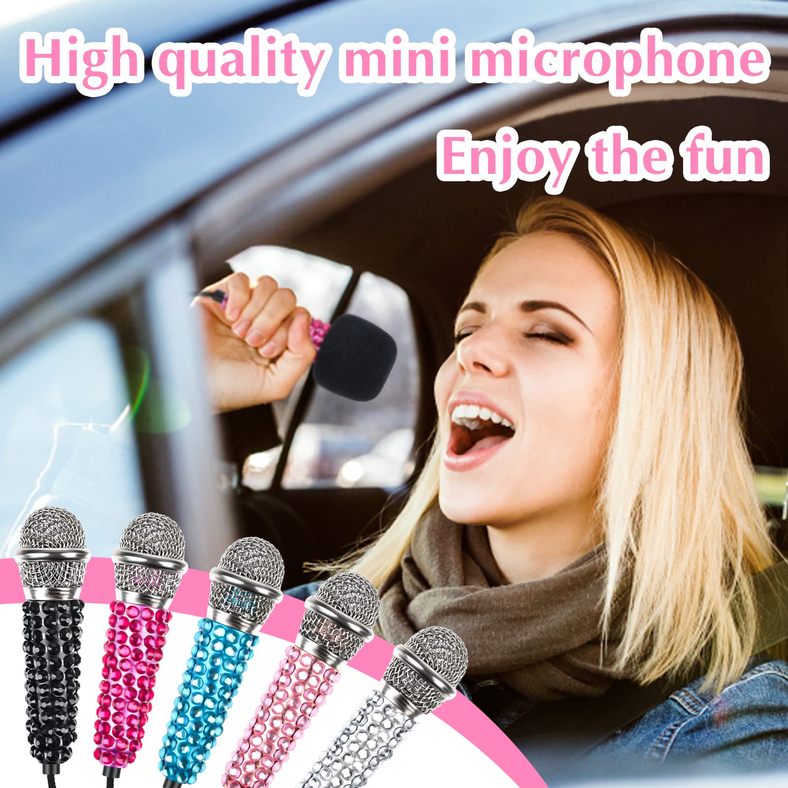 5PCS Mini Microphone Portable Vocal Instrument Tiny Phone Microphone Asmr Karaoke Microphone with 5 Pieces Rhinestone Stickers | 3.5mm Audio Connector Suitable for Apple Android Mobile Phone Laptop