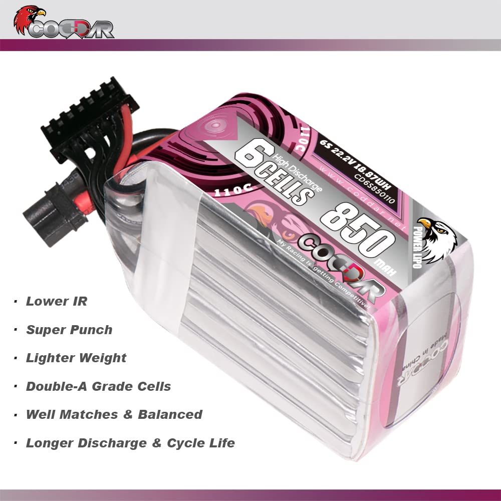 CODDAR 850mAh 6S 22.2V 110C LiPo Battery with XT30 Connector for RC Heli Airplane Quadcopter Helicopter Multi-Motor Hobby DIY Parts,2inch to 3inch FPV, 2inch to 2.5inch CineWhoop