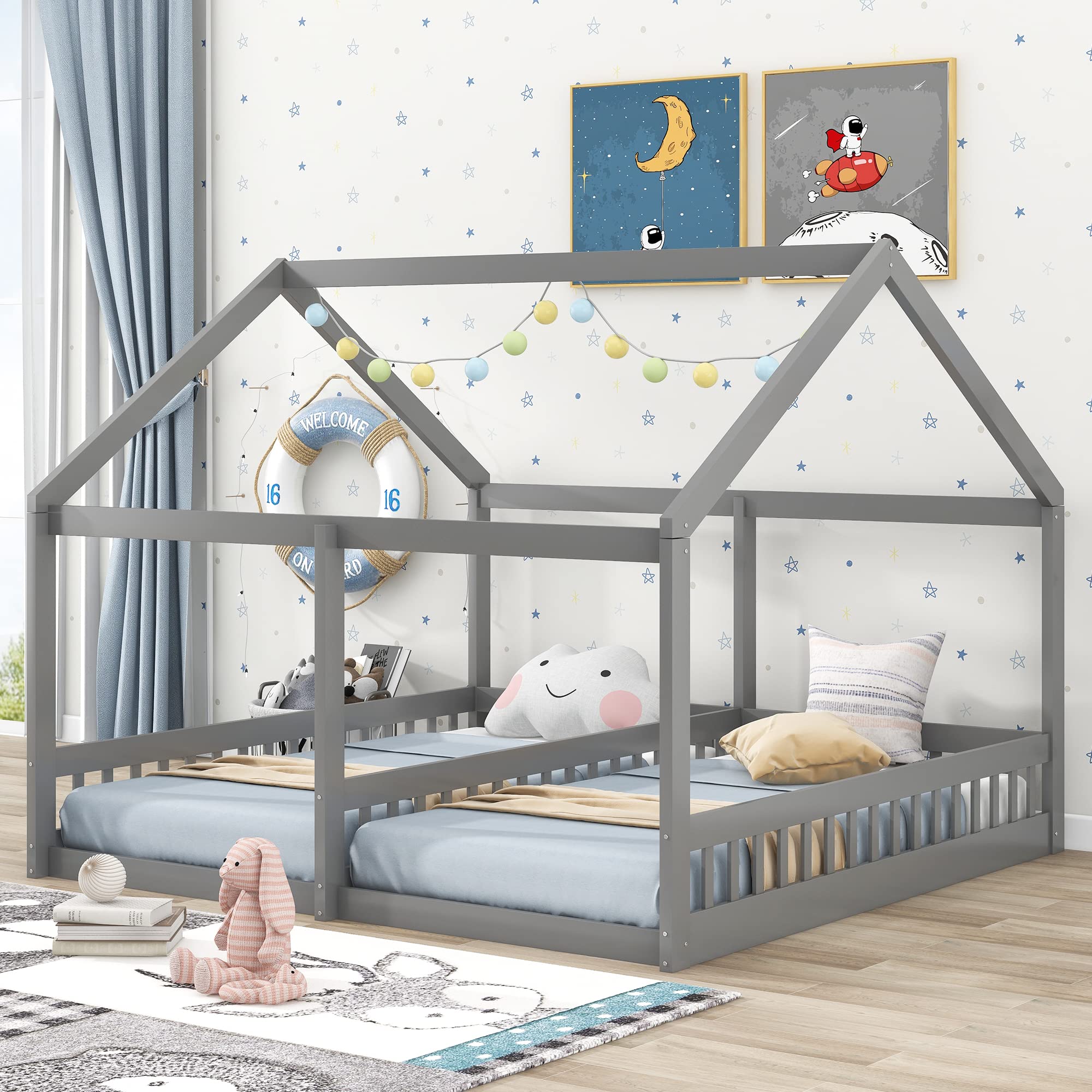 Twin House Bed for 2 Kids Wood Double Floor Beds Frame with Fence Railings Two Shared Beds for Boys Girls Teens, Twin Size, Gray