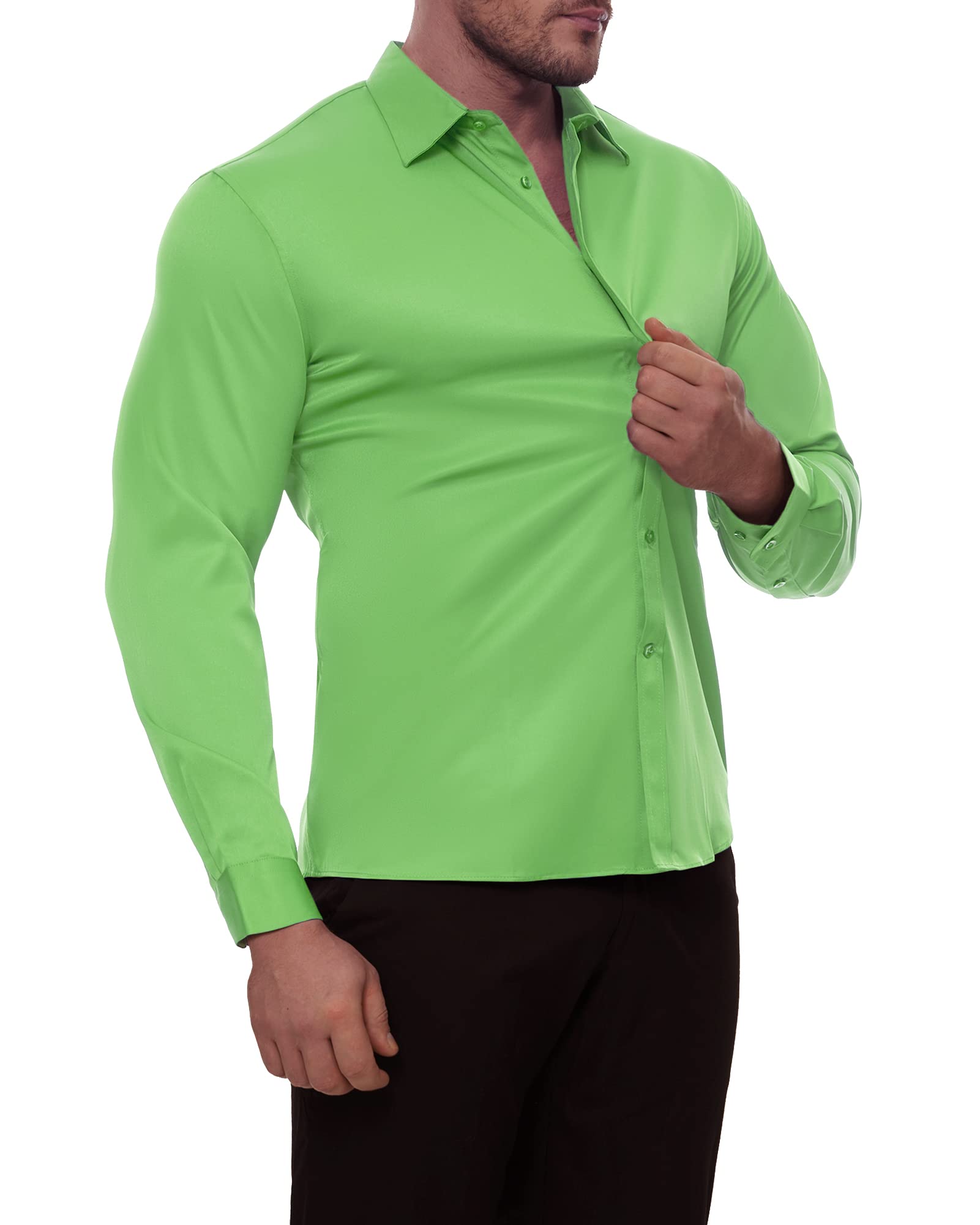 Alimens & Gentle Men's Bright Green Slim Fit Dress Shirts Solid Muscle Fit Wrinkle-Free Casual Button Down Shirt