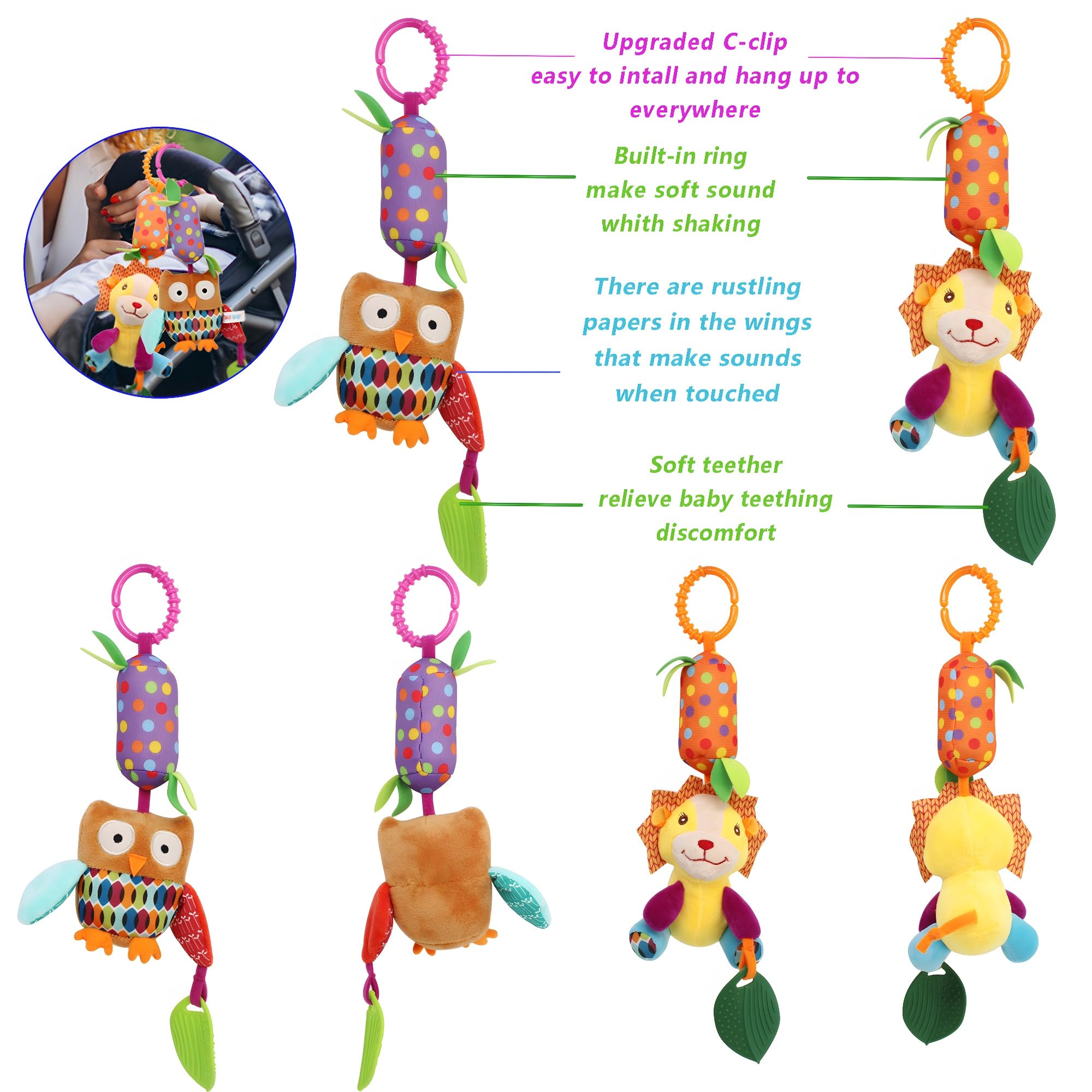 BLOOBLOOMAX Baby Soft Hanging Rattle, Car Seat Stroller Toys with Plush Animal C-Clip Ring for Infant Babies Boys and Girls 3 6 9 to 12 Months (4pcs)