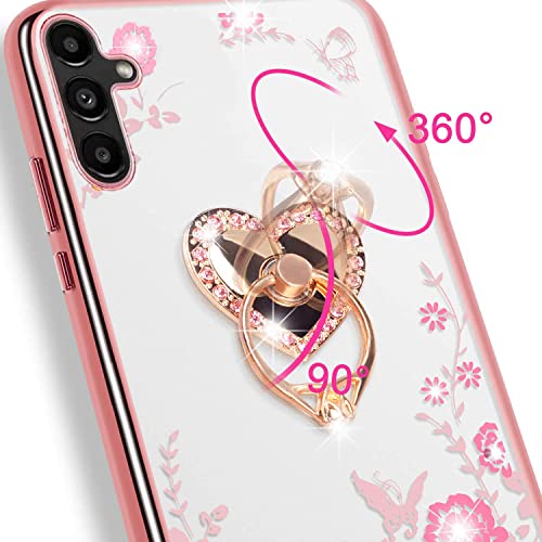 B-wishy for Samsung Galaxy A14 5G/A14 4G Glitter Crystal Butterfly Heart Floral Slim TPU Luxury Bling Cute Protective Cover with Kickstand+Strap for Samsung Galaxy A14 4G/5G(Rose Gold)