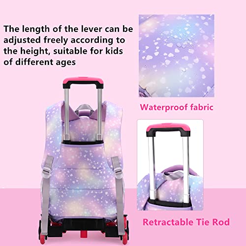 LANSHIYA 3Pcs Rolling Backpack for Girls Dream Princess Wind Bookbag with Wheels Travel Bag Trolley School Bag with Lunch Box Purple