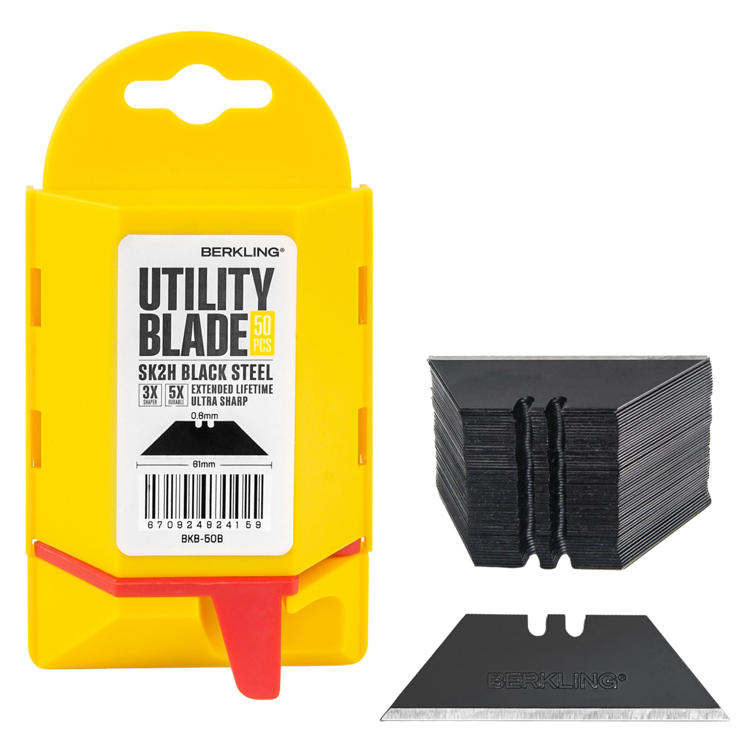 Berkling Utility Knife Blades 50 PCS With Dispenser, SK2H Laser Sharpened Hardened Black Carbon Steel, Ultra 3X Sharper, and 5X More Durable, Standard T-Shape Replacement Box Cutter Razor Blades