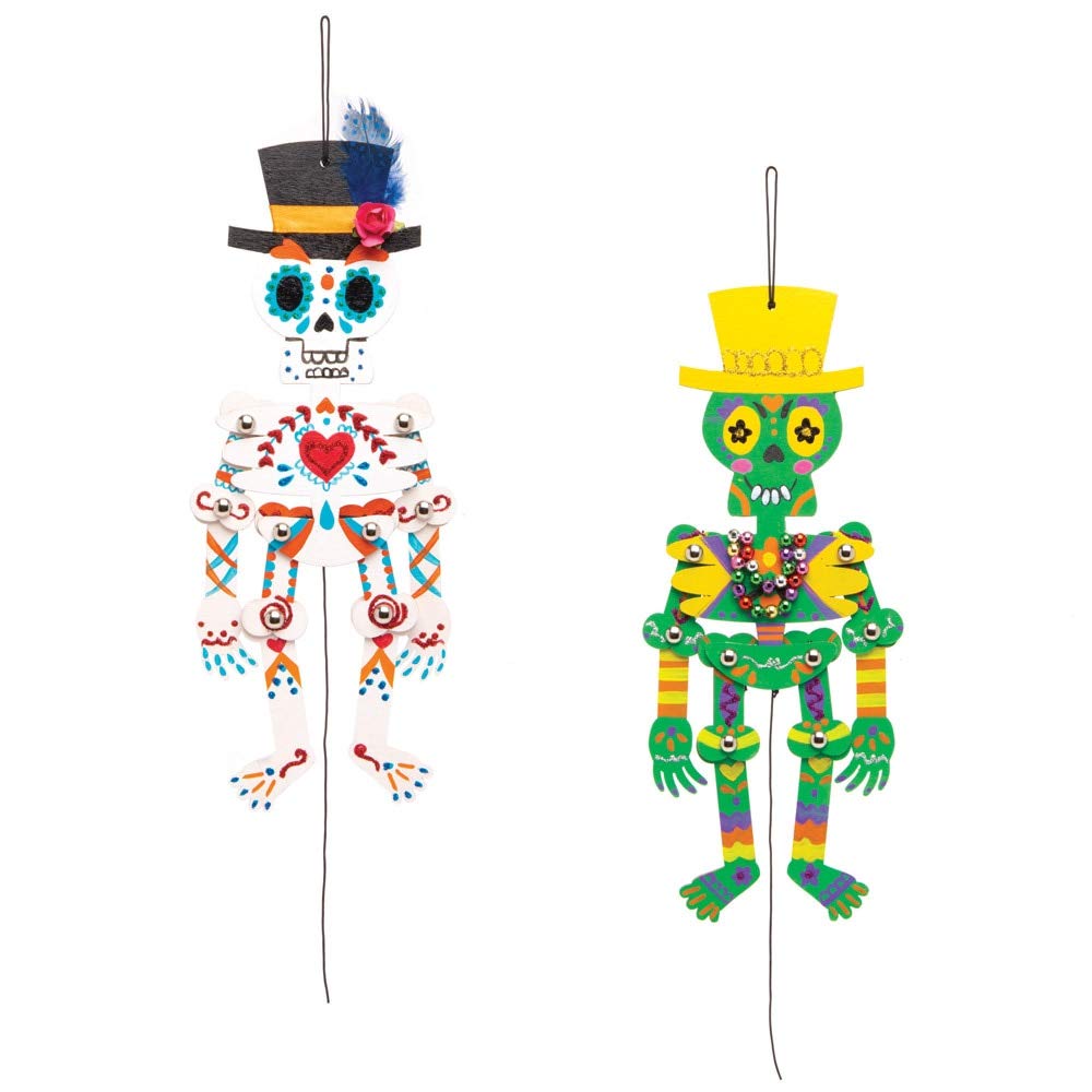 Baker Ross AT108 Wooden Skeleton Puppet Kit - Pack of 4, Wood Craft Kit for Kids Day of The Dead Arts Activities