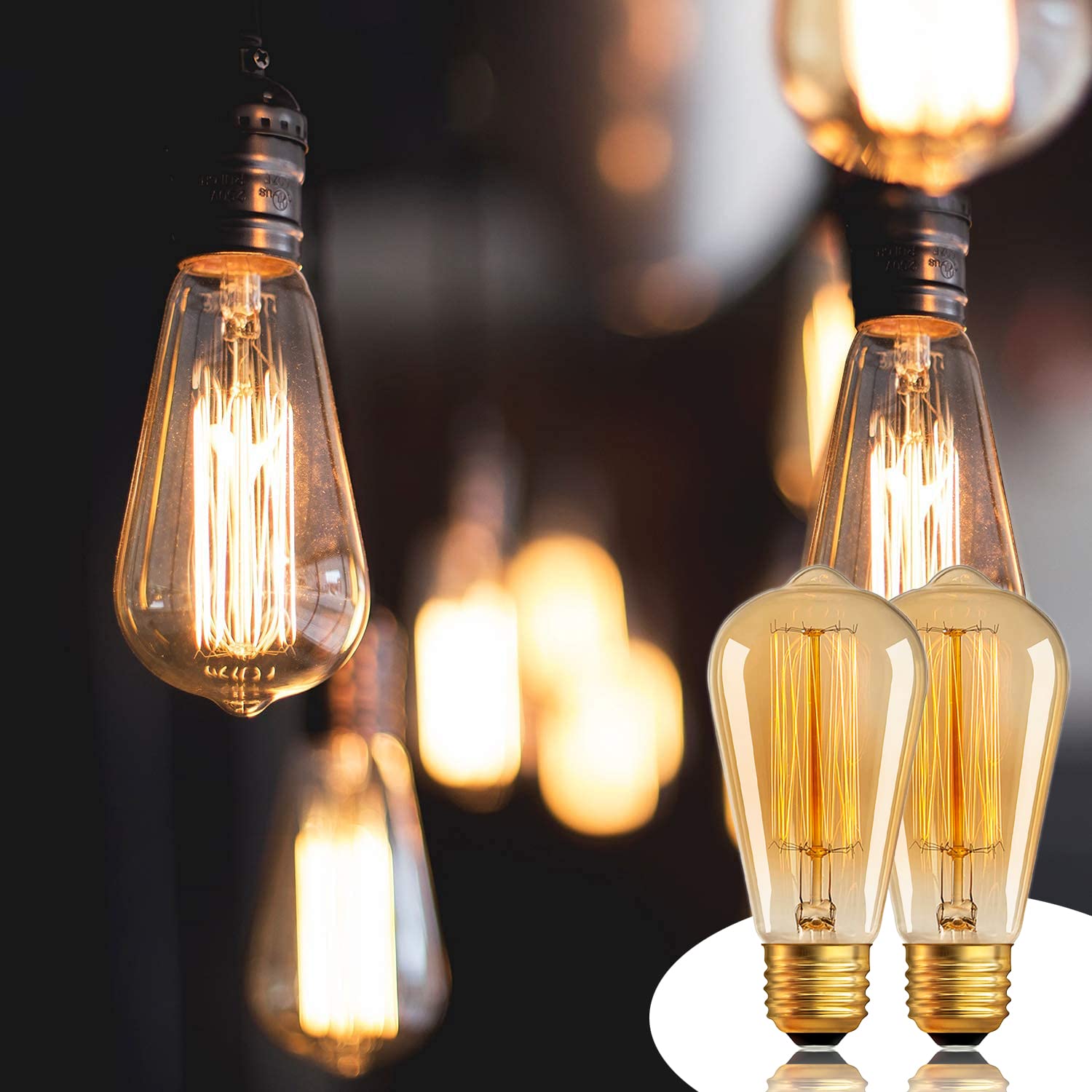 Sevici Edison Bulb, 6 Packs, ST64 60W 120V Edison Bulb Retro Incandescent Bulb, E26/E27 Base, 2200K Amber Warm Yellow Base, Dimmable, Retro Glass Bulb, Suitable for Outdoor and Indoor