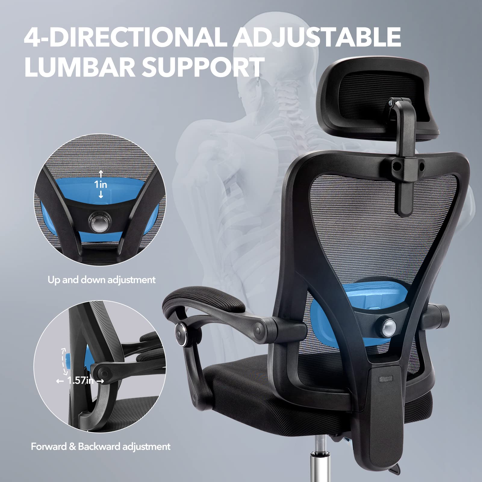ACCHAR Ergonomic Office Chair, Reclining Mesh Chair, Computer Desk Chair, Swivel Rolling Home Task Chair with Padded Armrests, Adjustable Lumbar Support and Headrest (Black)