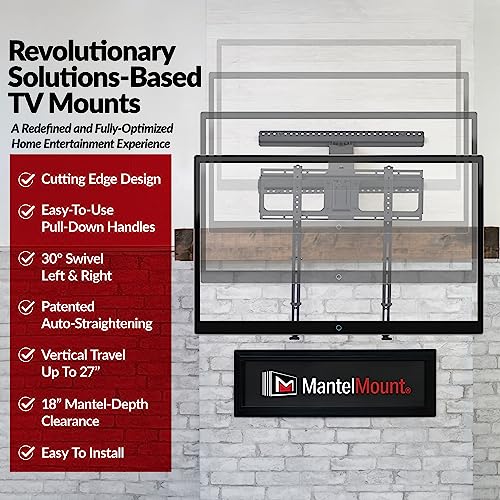 MantelMount MM340 Above Fireplace Pull Down TV Mount - with Patented auto-straightening, auto-stabilization, 2 Gas Pistons, Adjustable Motion Stops, Wire tabs & Safety Pull-Down Handles