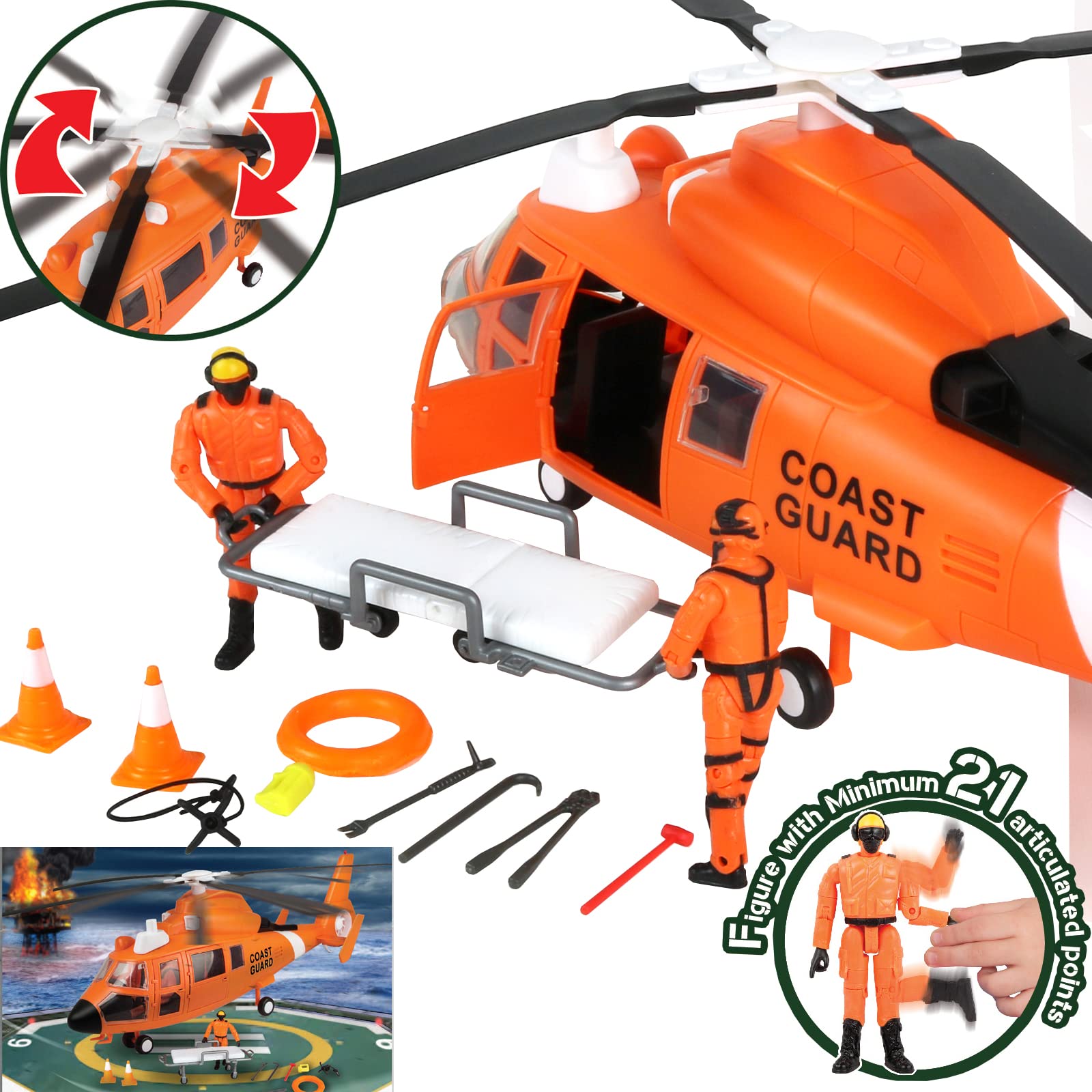 Click N' Play Toy Helicopter Set, Coast Guard Rescue Helicopter for Kids, 13-Piece Play Set Including Coast Guard Action Figures & Accessories, Orange