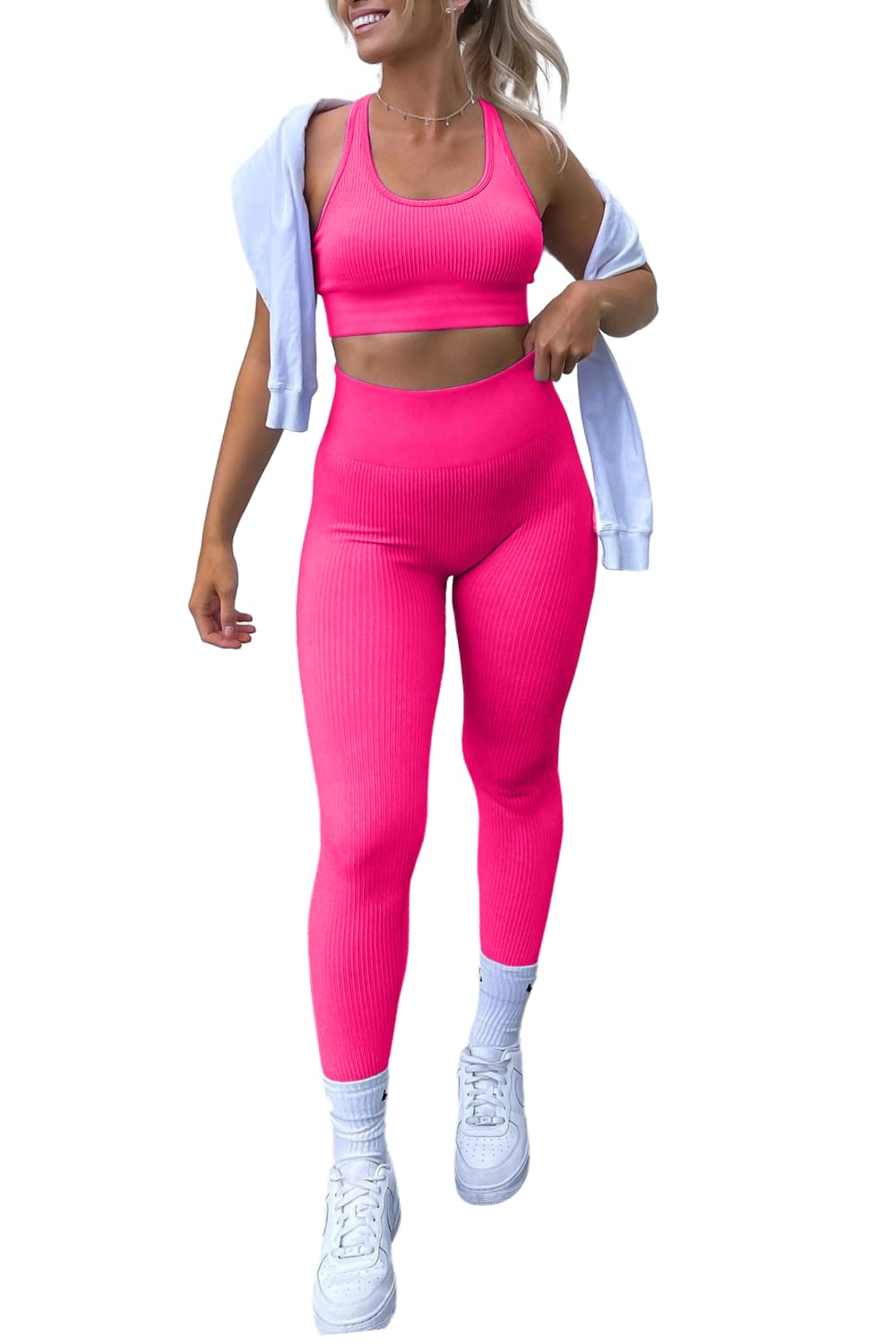 Almaree Womens Workout Sets Seamless Crop Tops Tummy Control High Waisted Leggings Ribbed Yoga Gym Outfits S