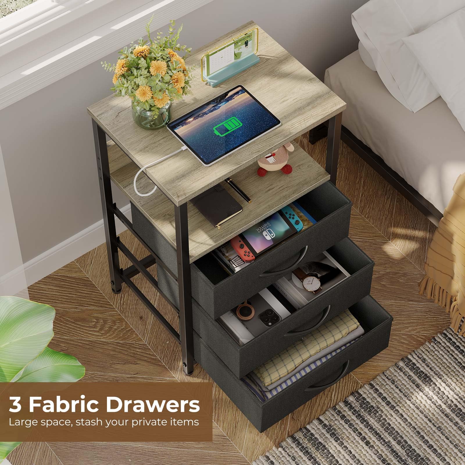 Seventable Nightstand with Charging Station and LED Light, Set of 2 Side Table with 3 Fabric Drawers, Bedside End Table with USB Ports and Outlets, Night Stand for Bedroom, Greige