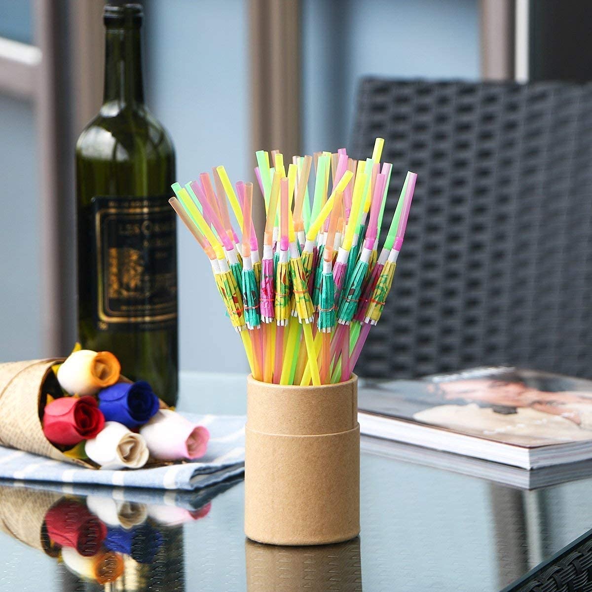 ALINK 50 Luau Umbrella Straws + 54-Pack Coconut Cups with Straws and Cocktail Picks