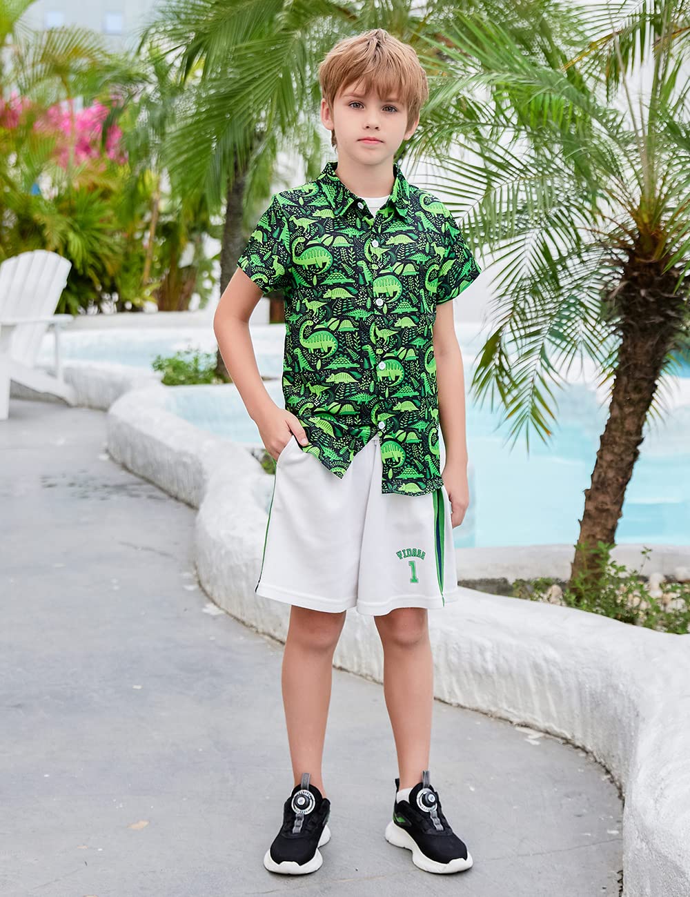 uideazone 5 Years Dinosaur Green Boys 3D Printed Holiday Button Down Shirt Novelty Tropical Themed Hawaiian Tops Clothes for Boys 5-6T