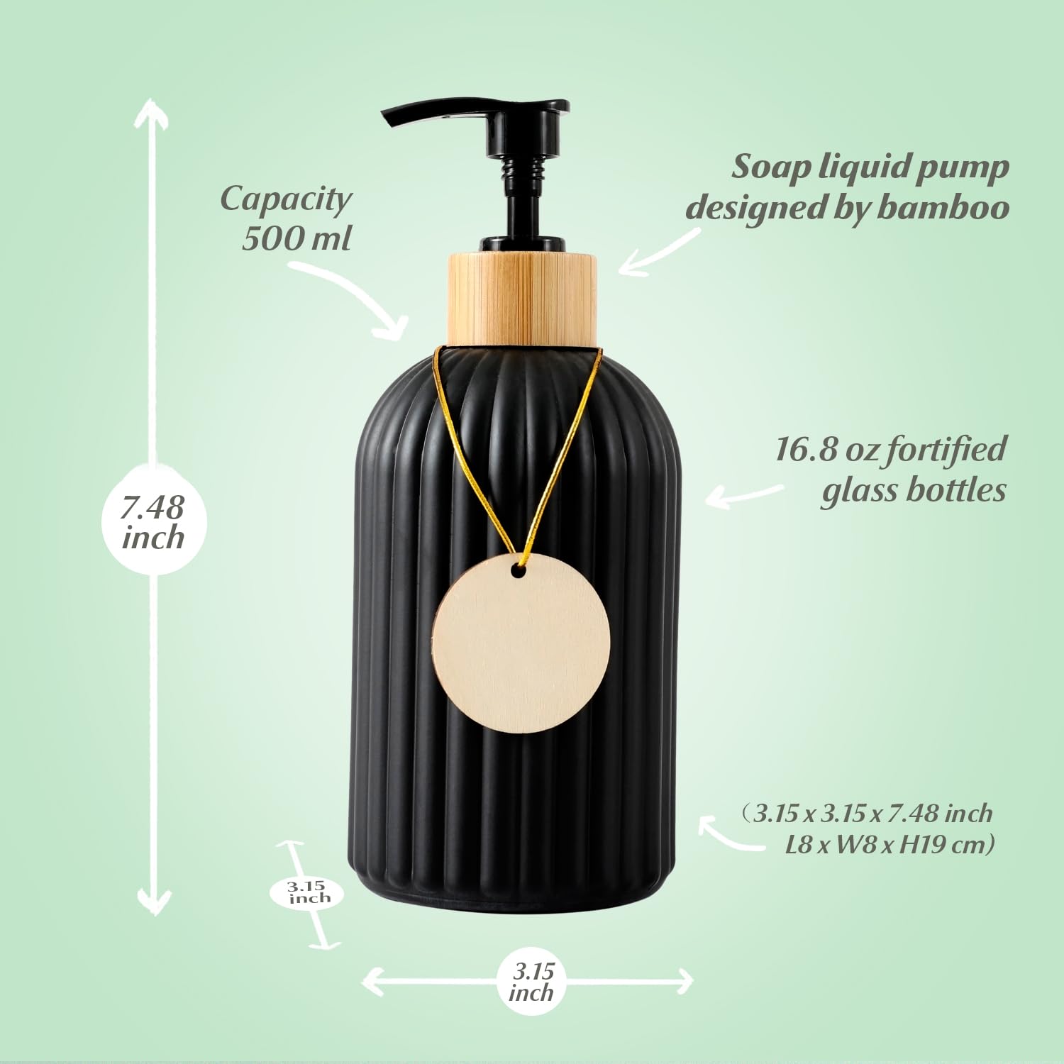 LOOCHICA Do It Yourself 2 Pack Black Glass Soap Dispenser Set with Bamboo Tray, Matte Black Soap Dispenser Suitable for Kitchen Sink, Bathroom, Rustic Kitchen Décor