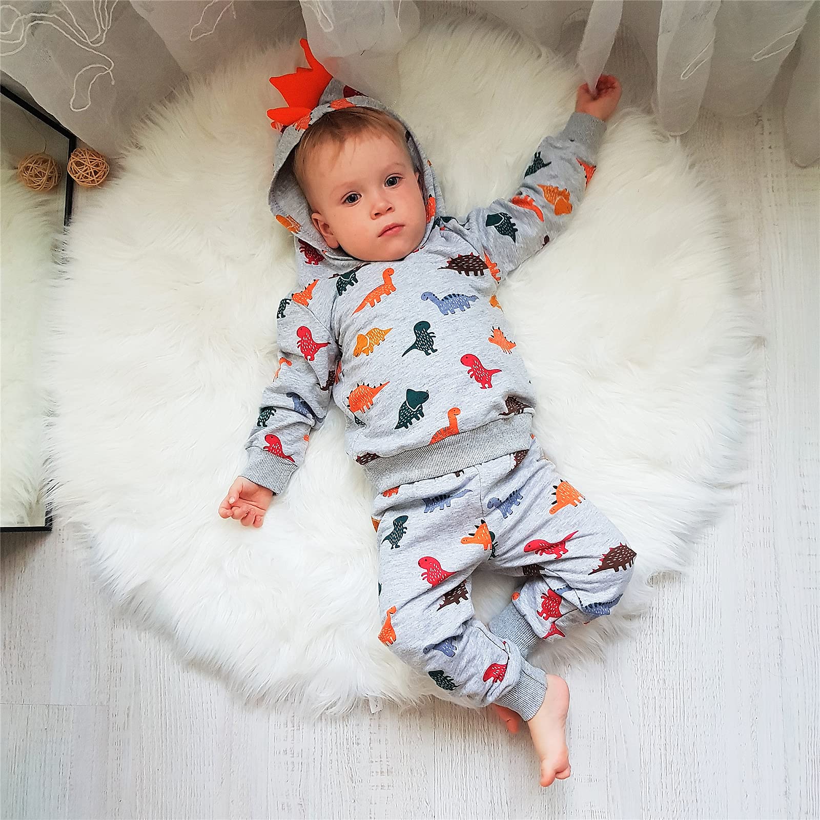 Toddler Infant Baby Boy Clothes Colored Dinosaurs Long Sleeve Hoodie Tops Sweatsuit Pants Outfit Set (12-18 Months)