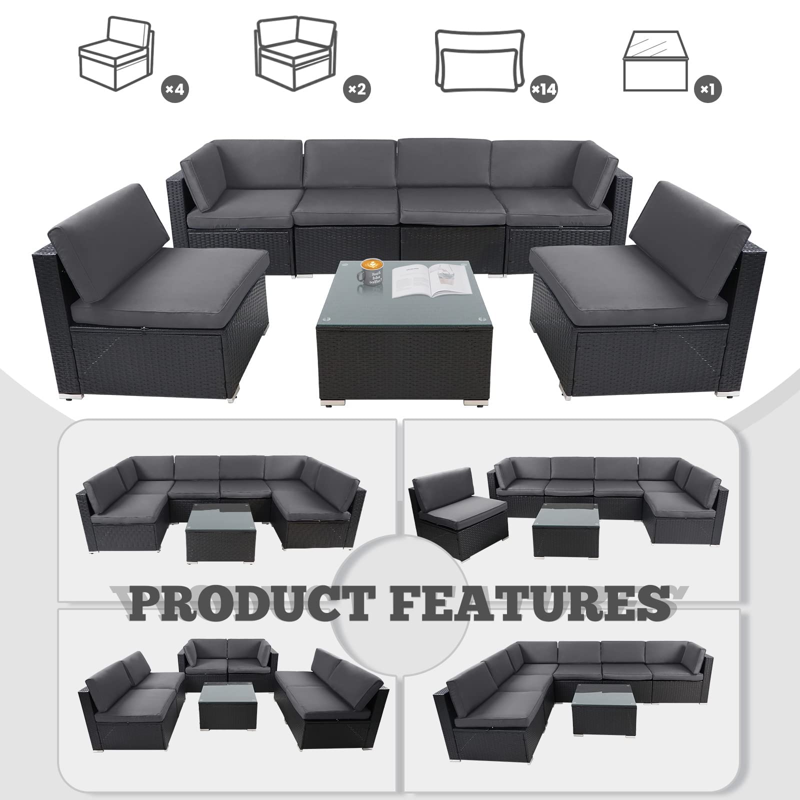 Betterland 7 Piece Outdoor Sectional Sofa Patio Furniture Set, All-Weather PE Rattan Wicker Patio Conversation Set with Washable Cushion and Glass Table(Grey)