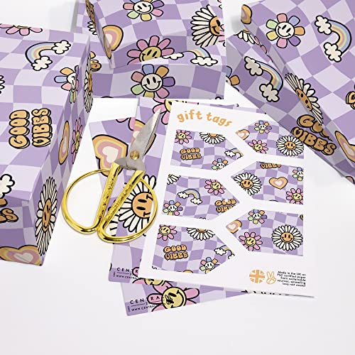 CENTRAL 23 Purple Wrapping Paper - Boho Birthday Wrapping Paper - 'Good Vibes' - 6 Sheets Gift Wrap - For Teens Gen Z Girls - Daisy Rainbow Funky - Comes With Fun Stickers