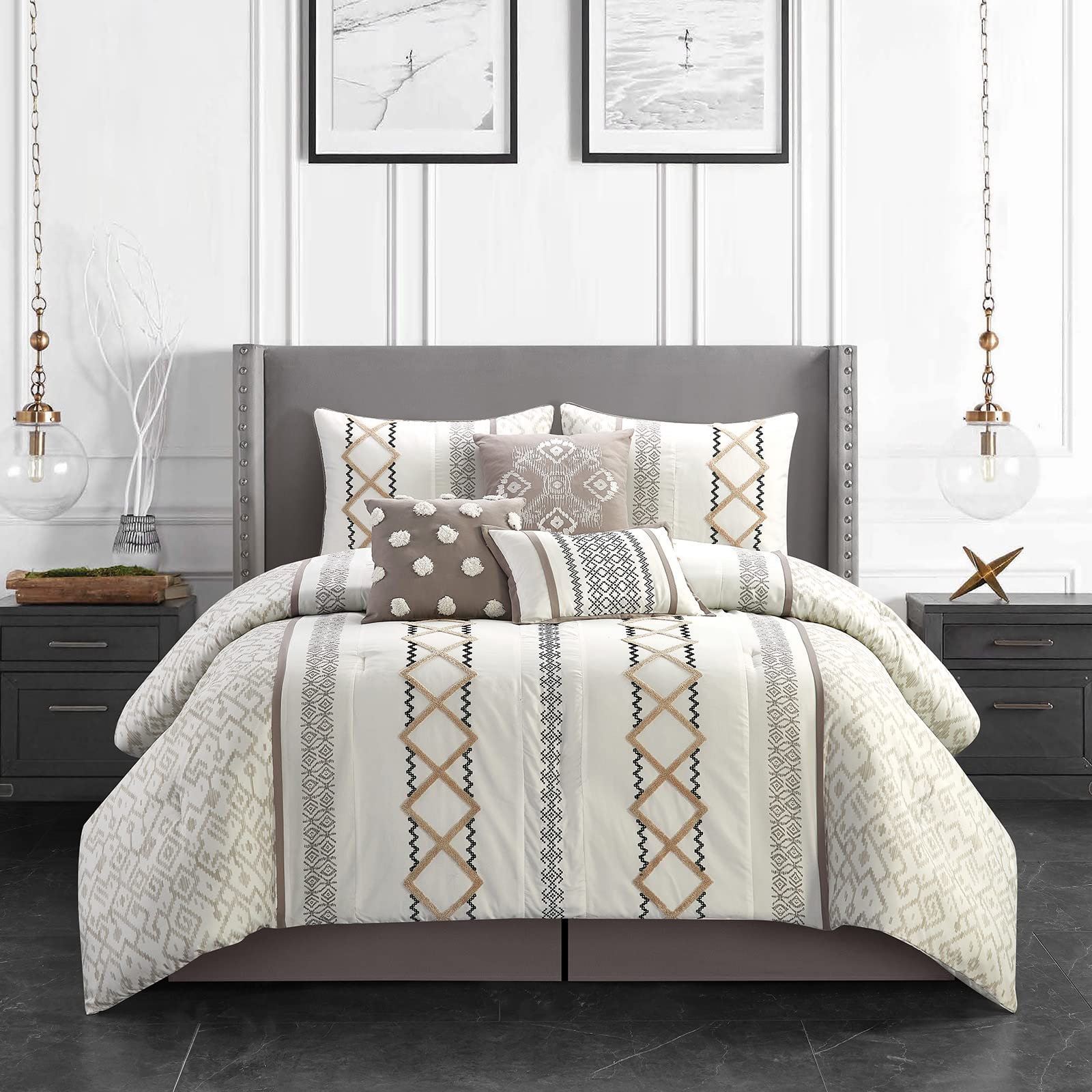 Grand Avenue Luxury 7 Piece Cozy Boho Comforter Set King Beige Embroidered Girls Bedding Premium Microfiber All Season Home Décor