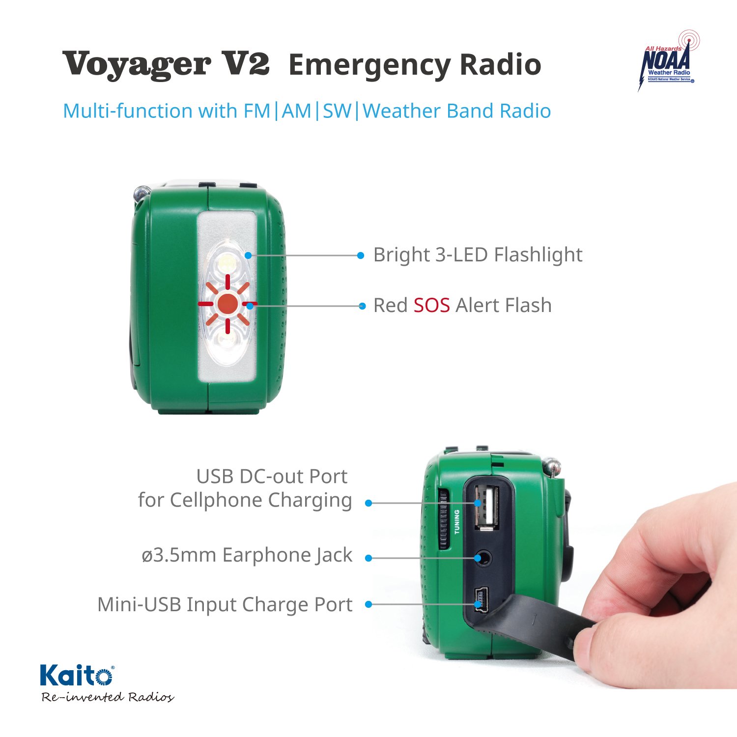 Kaito Best NOAA and SW Portable Solar/Hand Crank AM/FM, Shortwave & NOAA Weather Emergency Radio with USB Cell Phone Charger & LED Flashlight (Yellow)