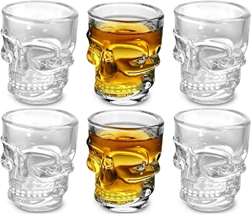 Circleware Skull Face Heavy Base Whiskey Shot Glasses, Set of 6, Party Home and Entertainment Dining Beverage Drinking Glassware for Brandy, Liquor, Bar Decor, Jello Cups, 1.75 oz, Clear